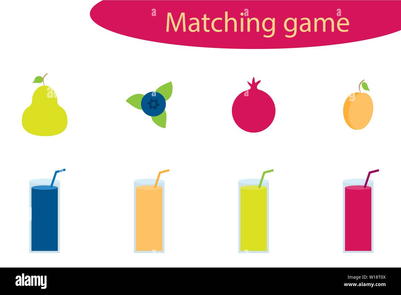 Matching game for children, connect colorful fruit with glass of juice ...