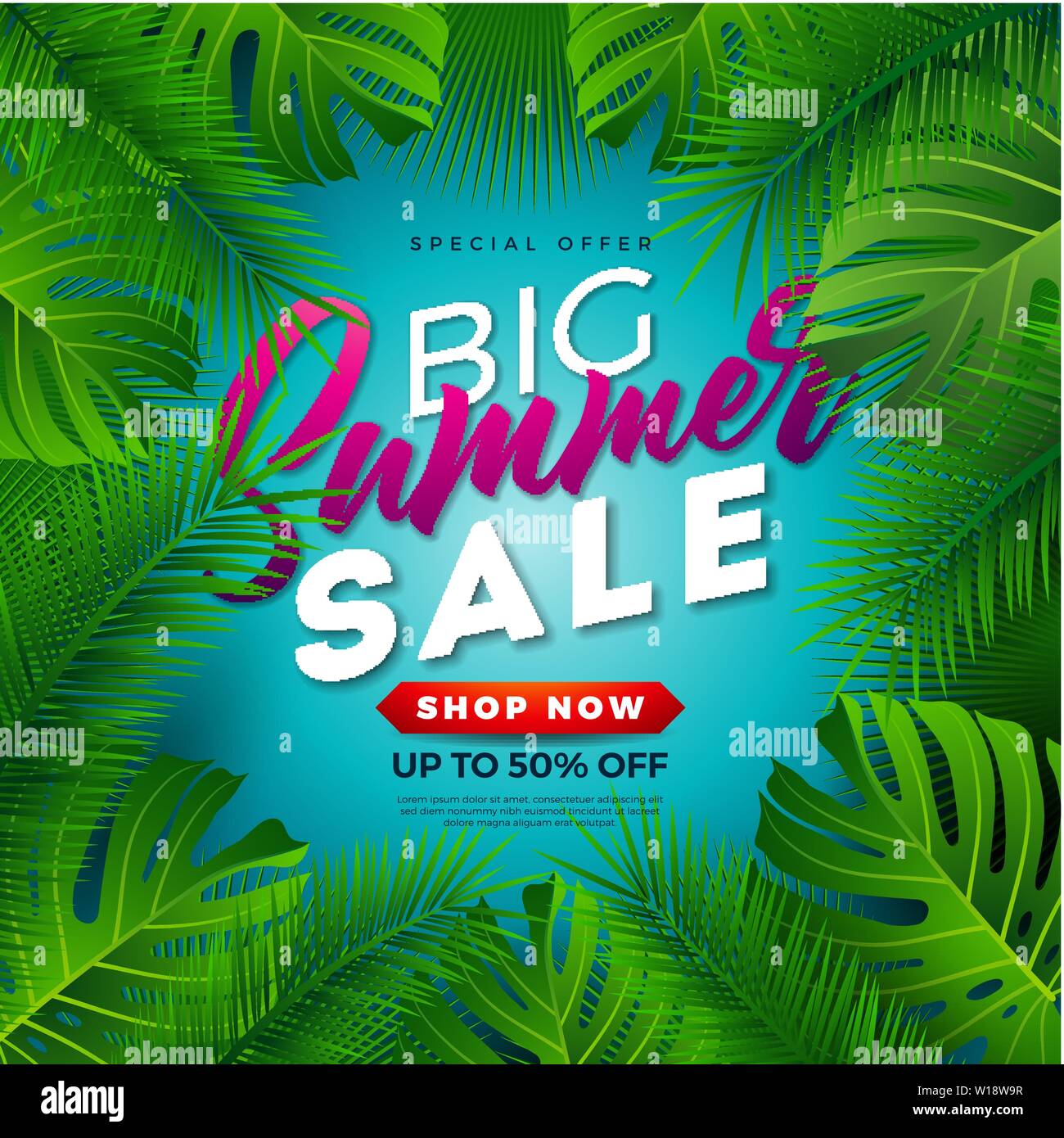 Summer Sale Design with Tropical Palm Leaves on Blue Background. Vector ...