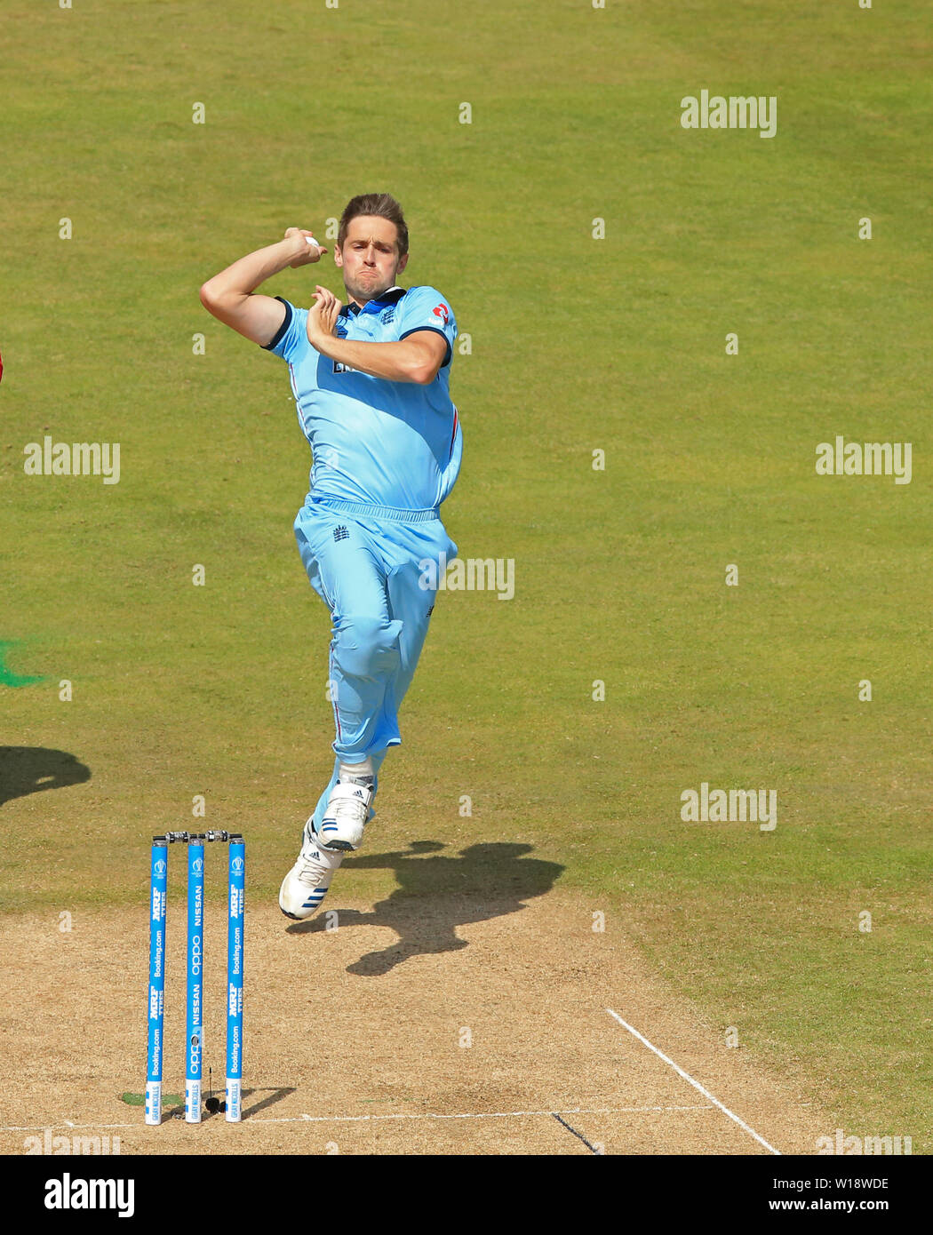 BIRMINGHAM, ENGLAND. 30 JUNE 2019: Chris Woakes of England bowling ...