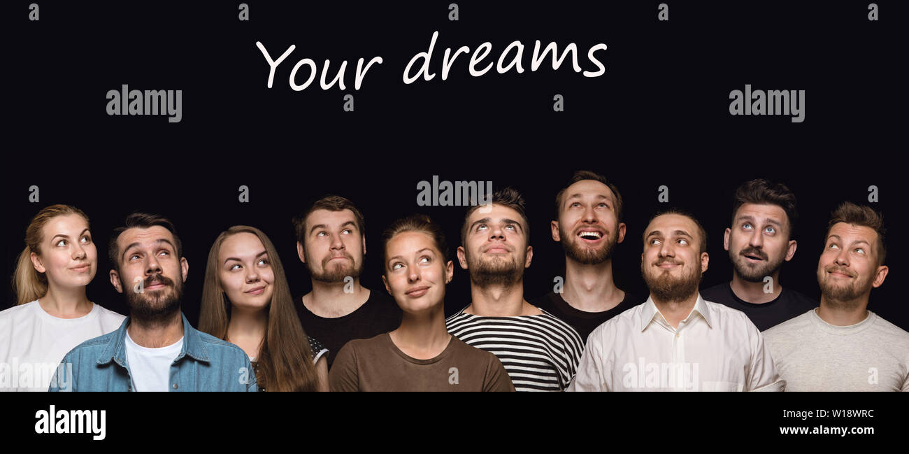 Close up portrait of young people isolated on black studio background ...