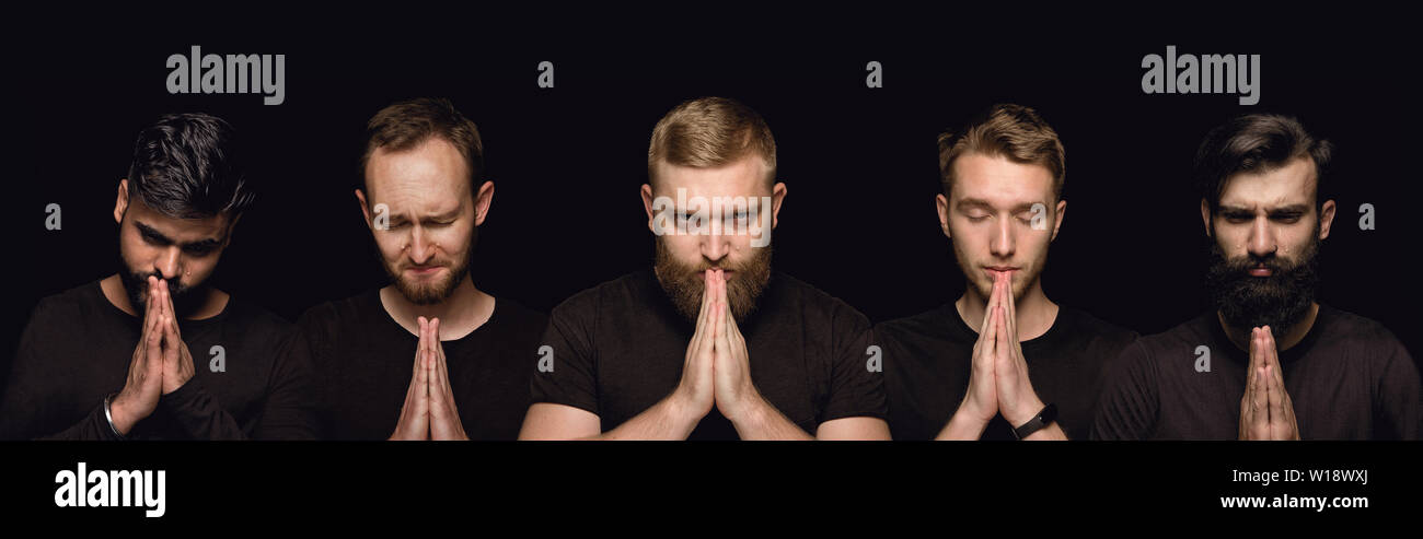 Close up portrait of young people isolated on black studio background ...