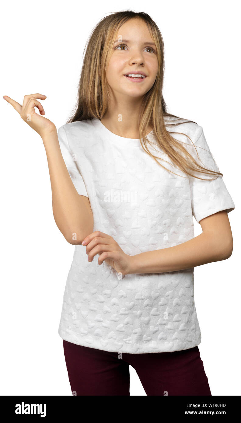 Girl pointing isolated on white background Stock Photo - Alamy