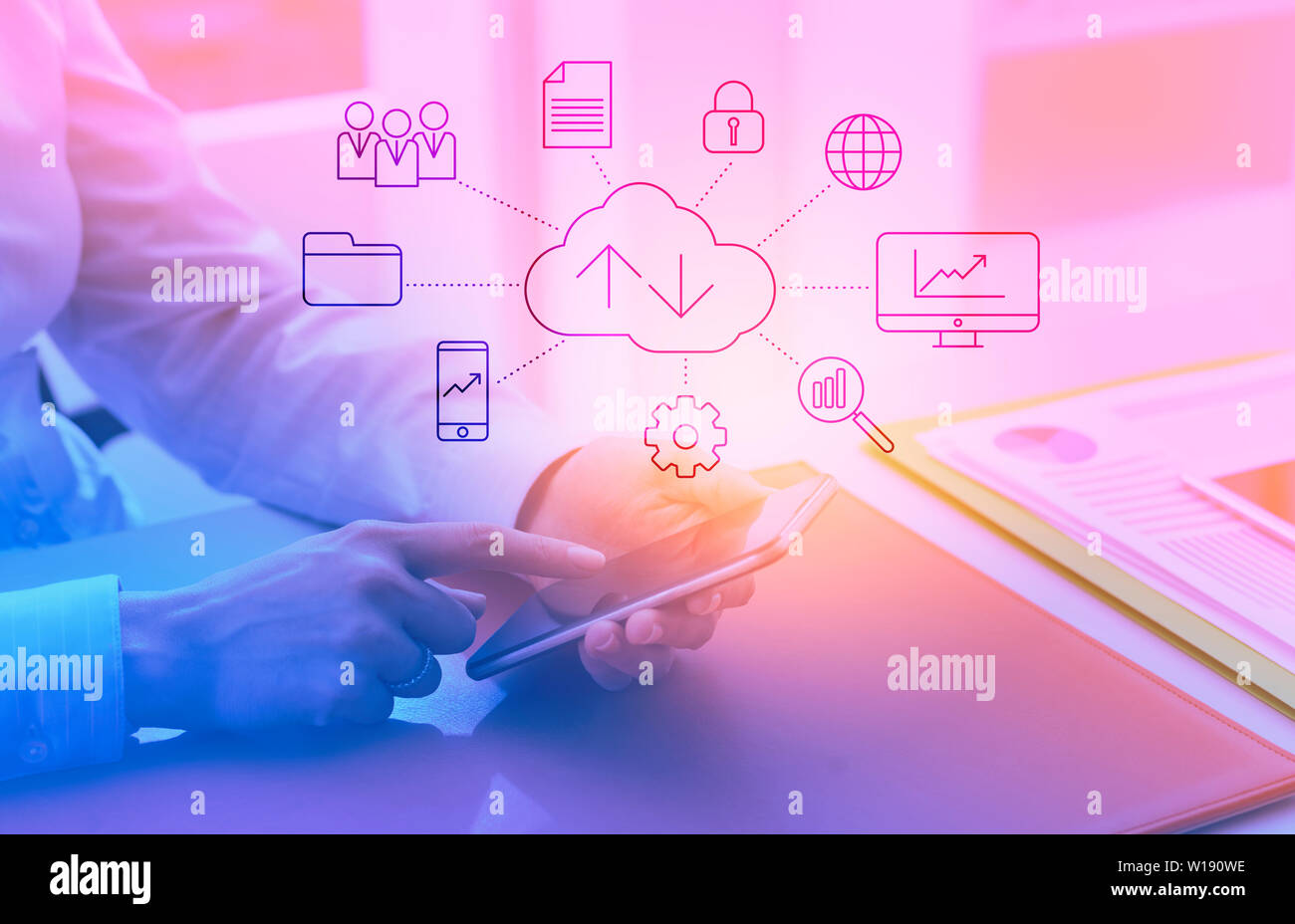 Corporate businesswoman using apps on her smartphone and interactive ...