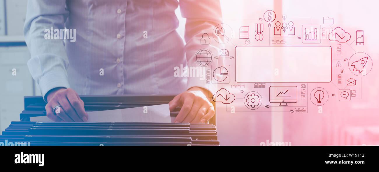 Businesswoman accessing archive storage and user interface flowchart ...