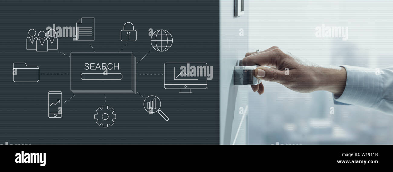 Businesswoman accessing archive storage and user interface flowchart ...
