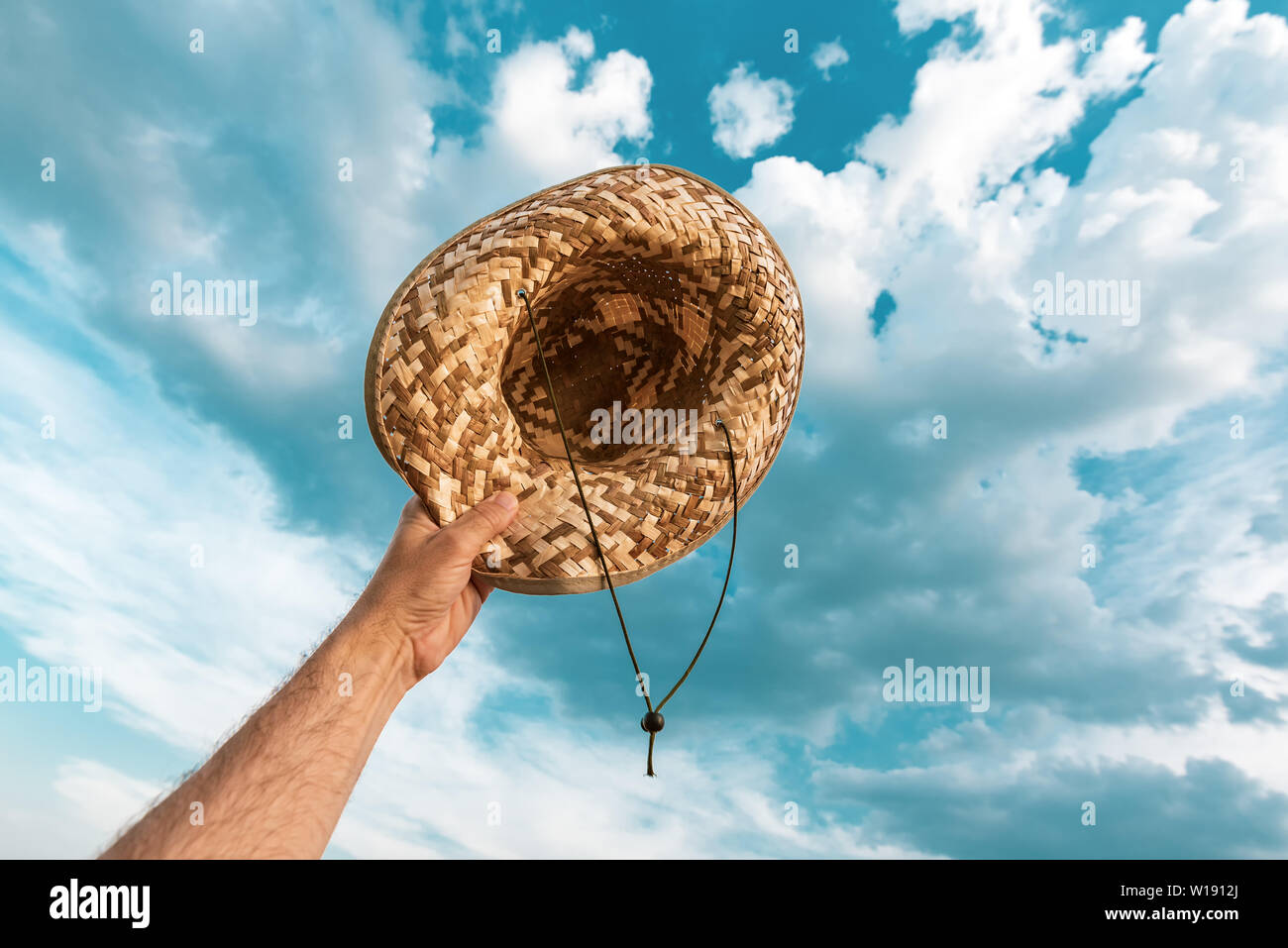 Cheerful satisfied farmer holding straw hat outdoors in fields. Happy ...