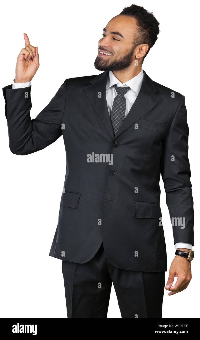 Black man businessman making presentation isolated on white background ...