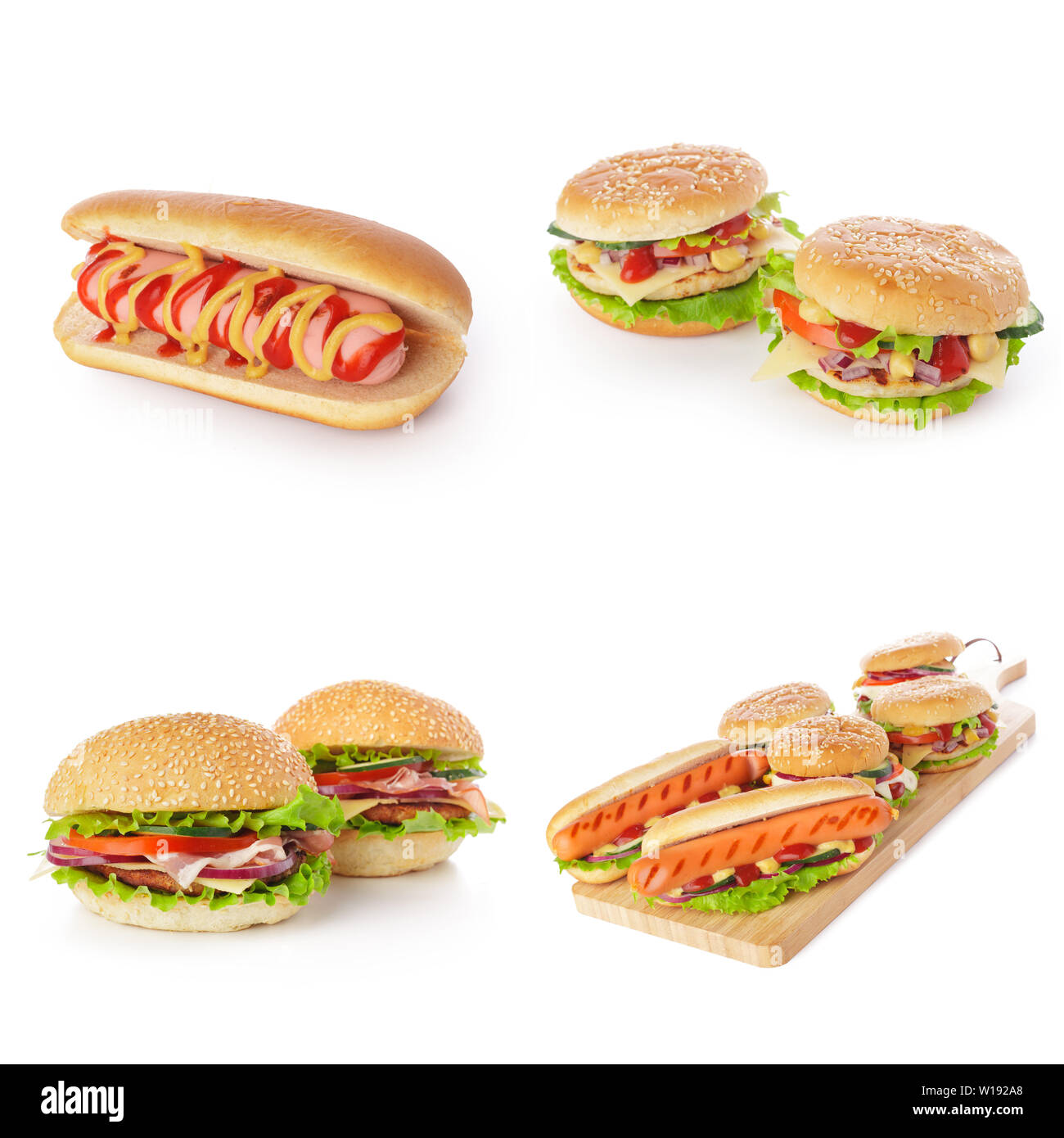 Junk fast food collage of burgers, sandwiches and hot-dogs isolated on ...