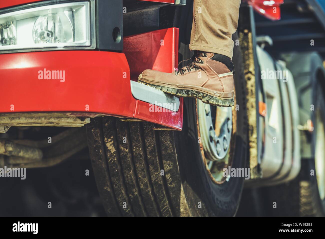 Trucker Getting in the Truck. Driver Shoe and Leg Closeup. Long Haul ...