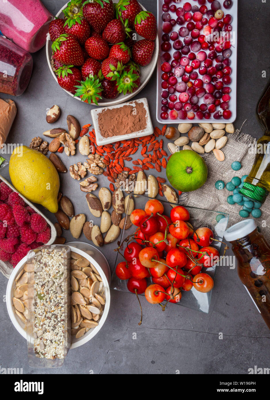 Super food to slow the ageing process concept including fruit ...