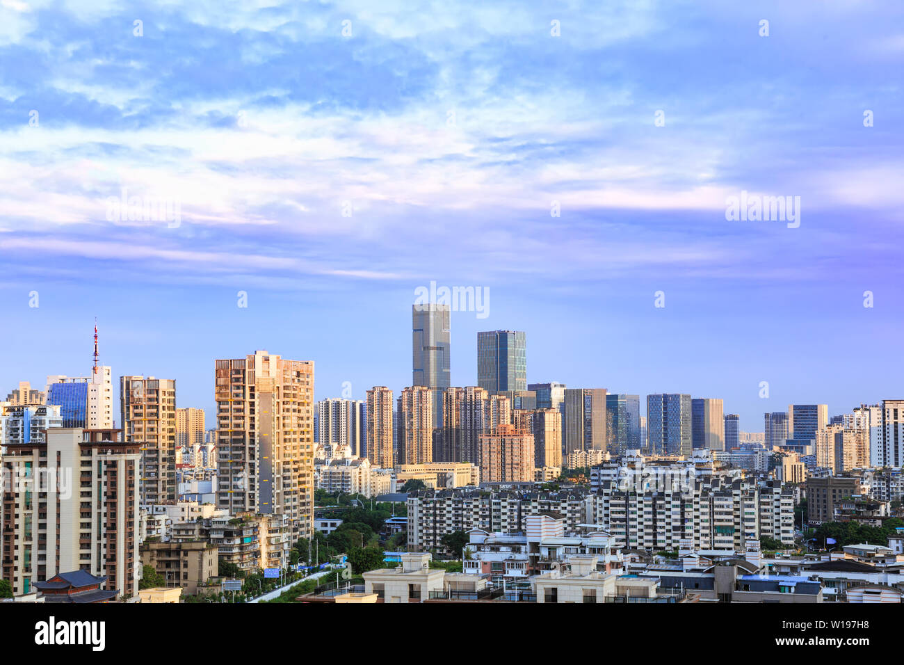 Landscape of the city skyline at dusk, in Aerial view with skyscraper ...