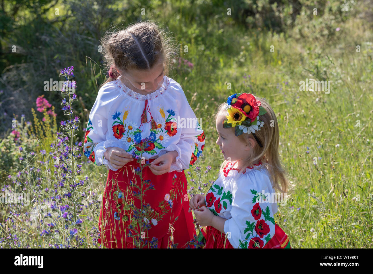 Sisters in traditional Ukrainian costumes playing in the spring ...
