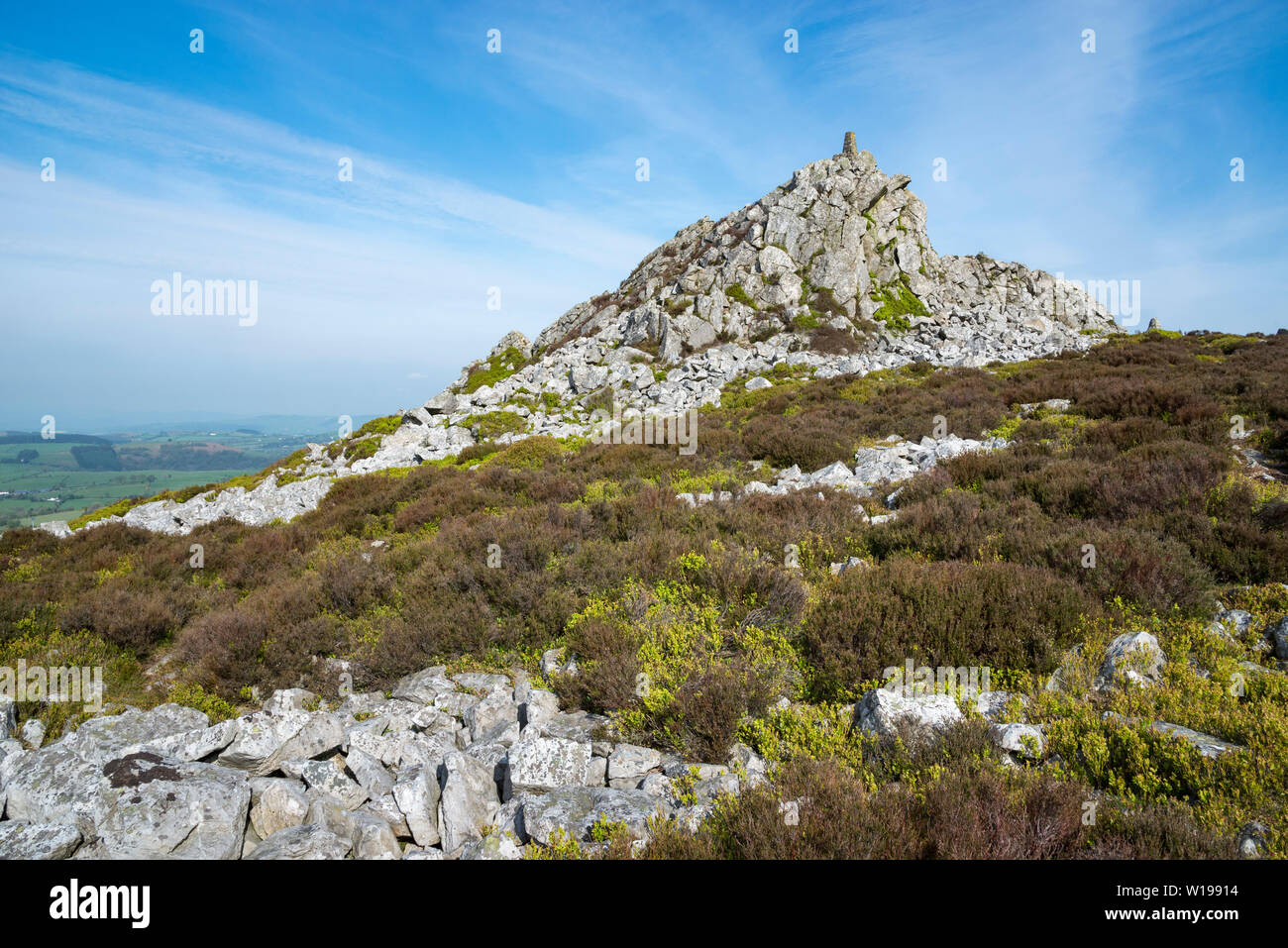The Stiperstones, Shropshire, England. Trig point on Manstone rock ...