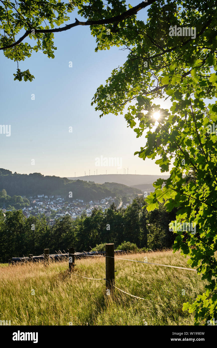 A beautiful scenic view into a rural German summer landscape in the ...