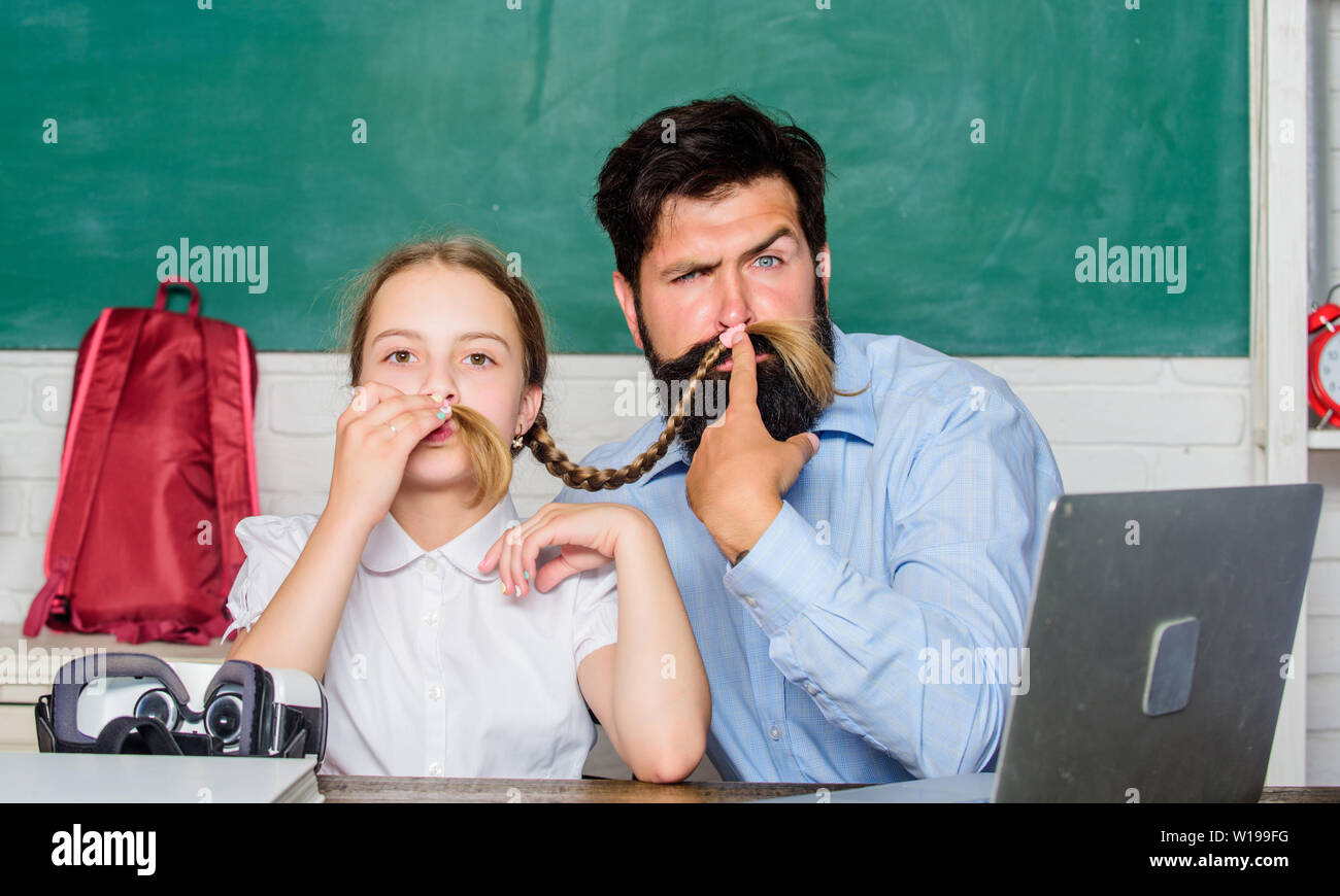 daughter study with father. Formal education. digital age with modern ...