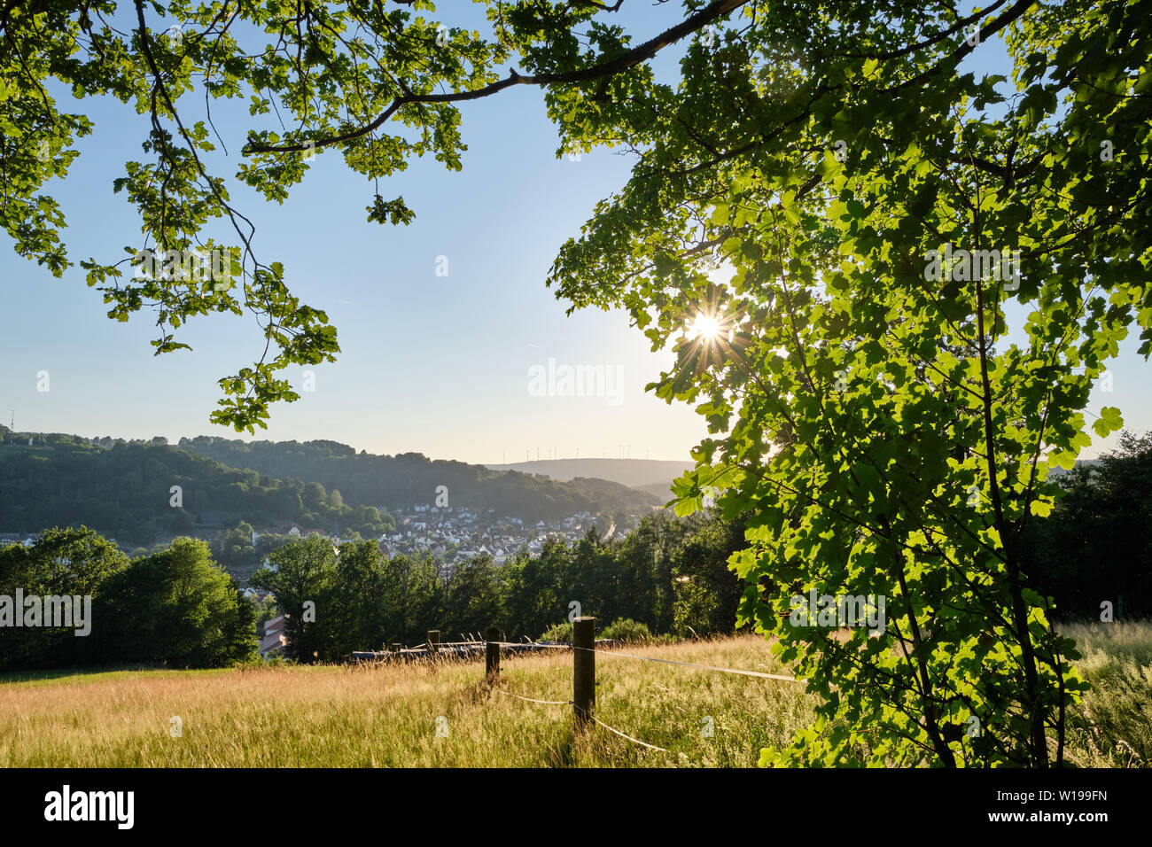 A beautiful scenic view into a rural German summer landscape in the ...
