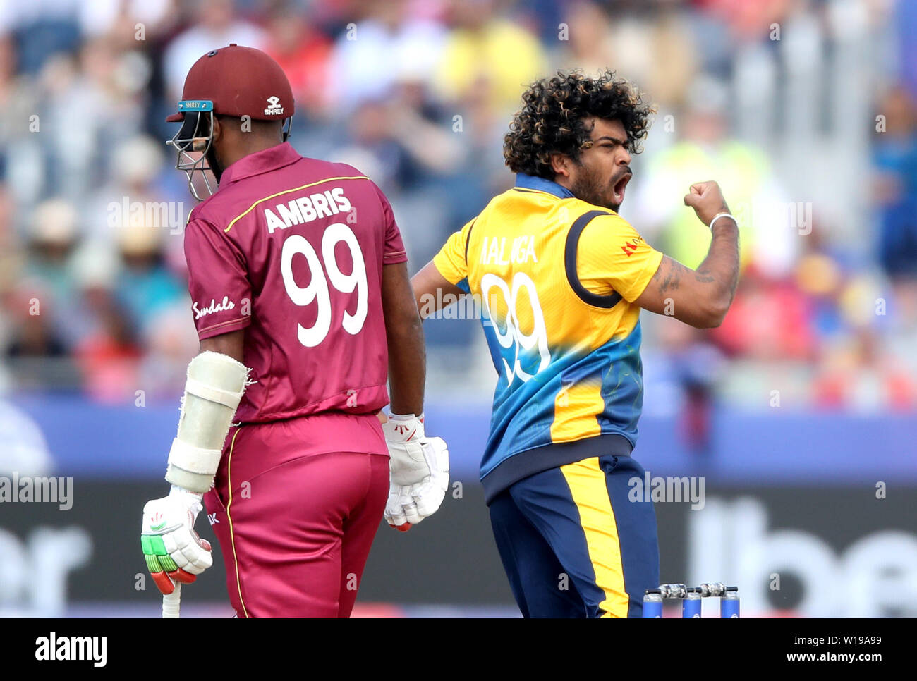 Sri Lanka's Lasith Malinga celebrates taking the wicket of West Indies ...