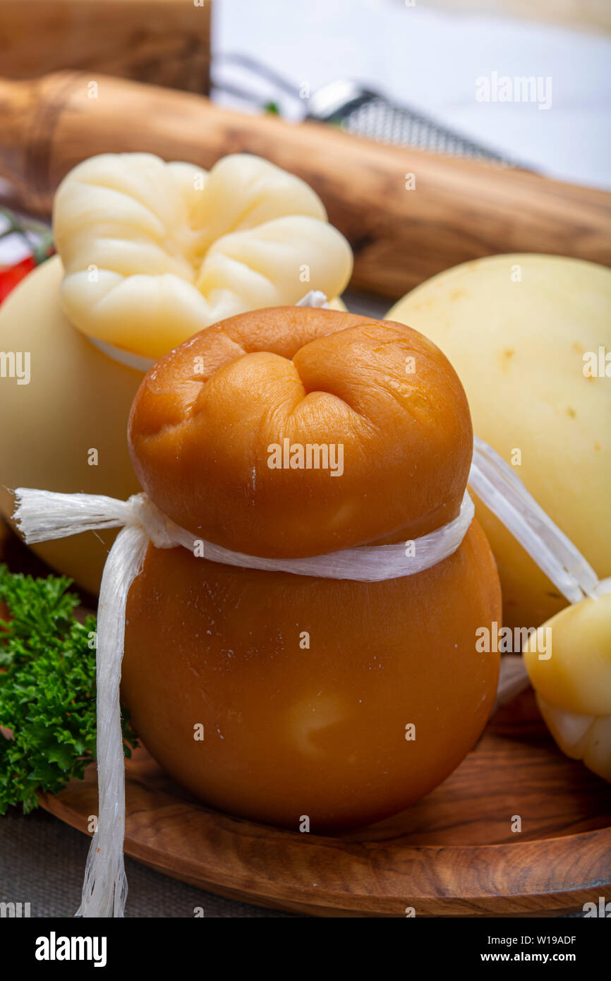 Cheese collection, Italian provolone or provola caciocavallo hard and ...