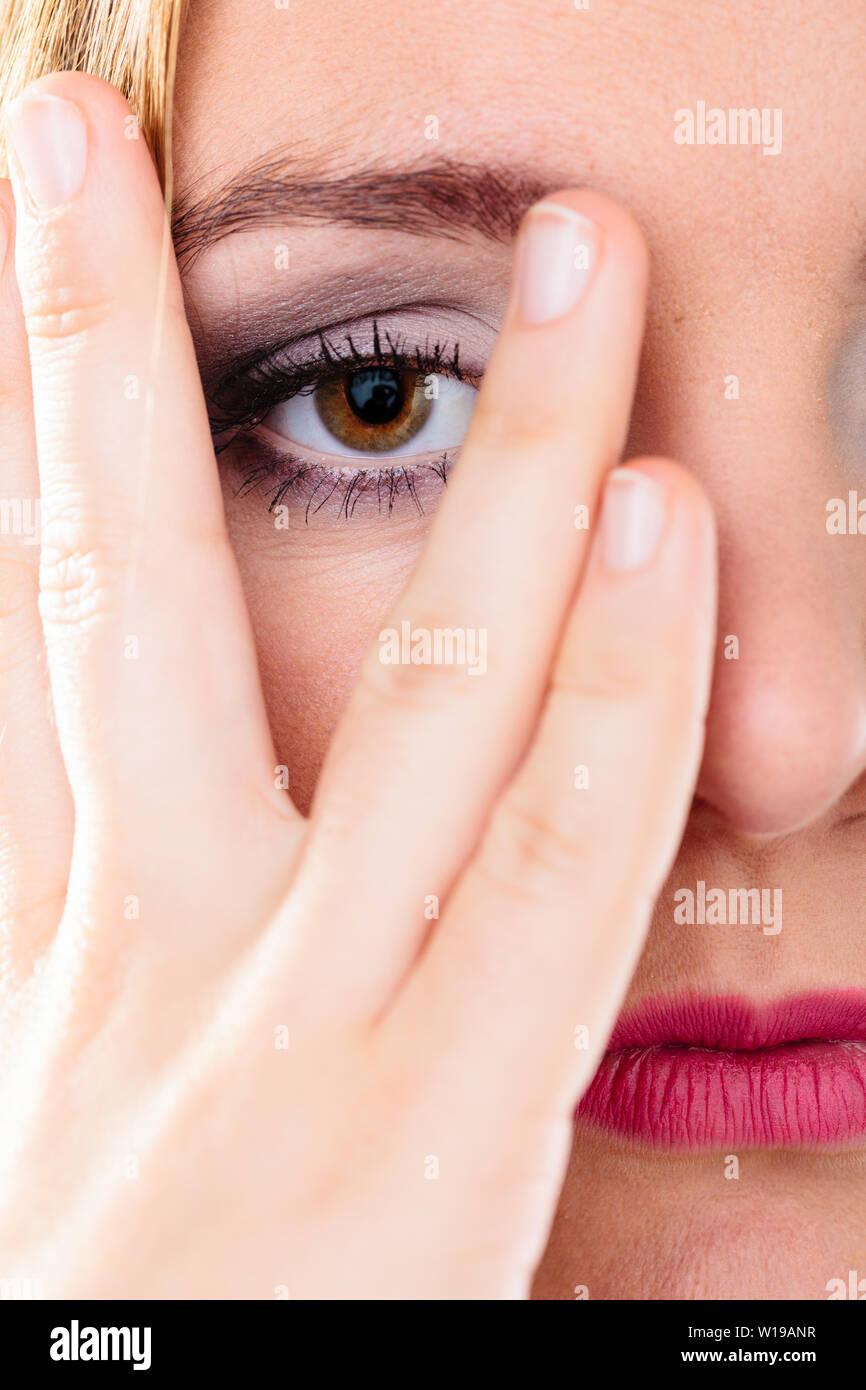 Face expressions emotion and distress. Female wear makeup cover her ...