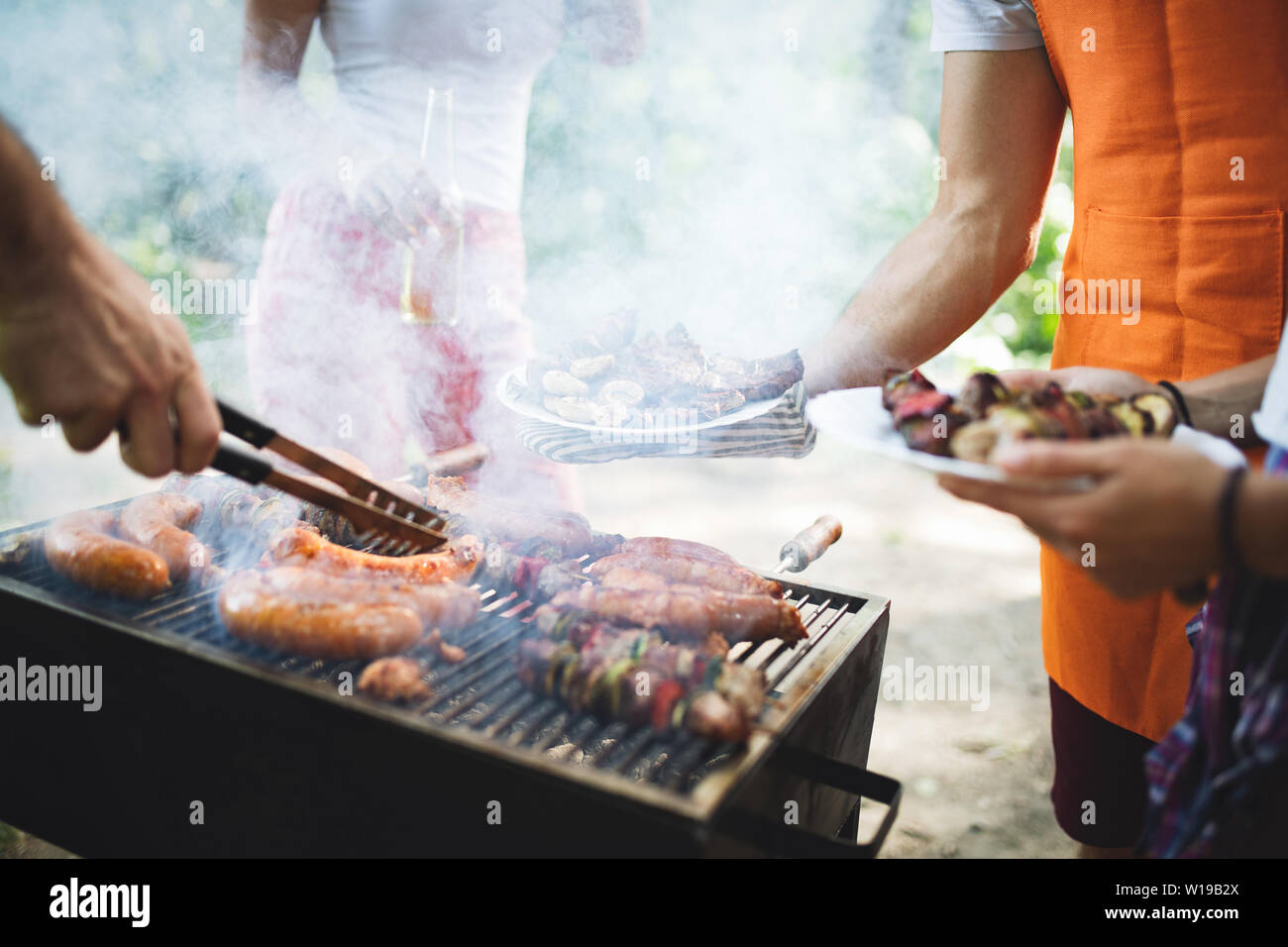 Group of friends having a barbecue party in nature Stock Photo - Alamy