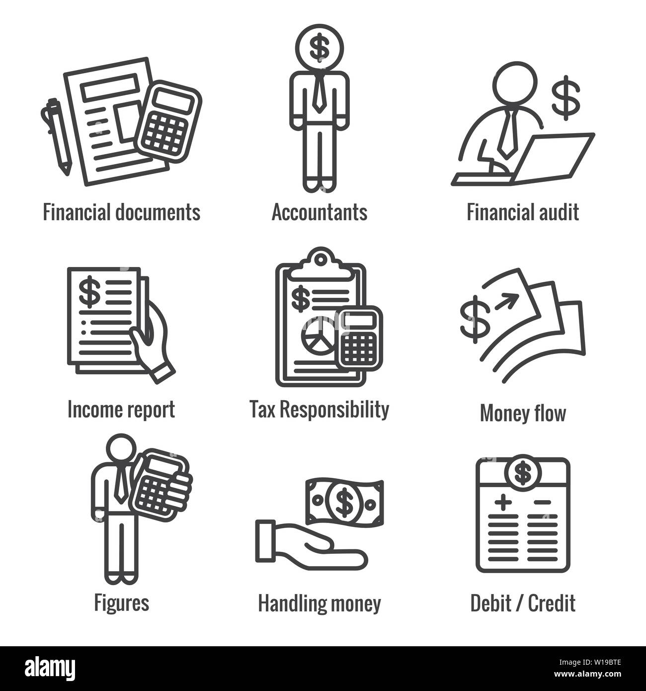 Accountant or Accounting Icon Set w money, accountant and figures ...