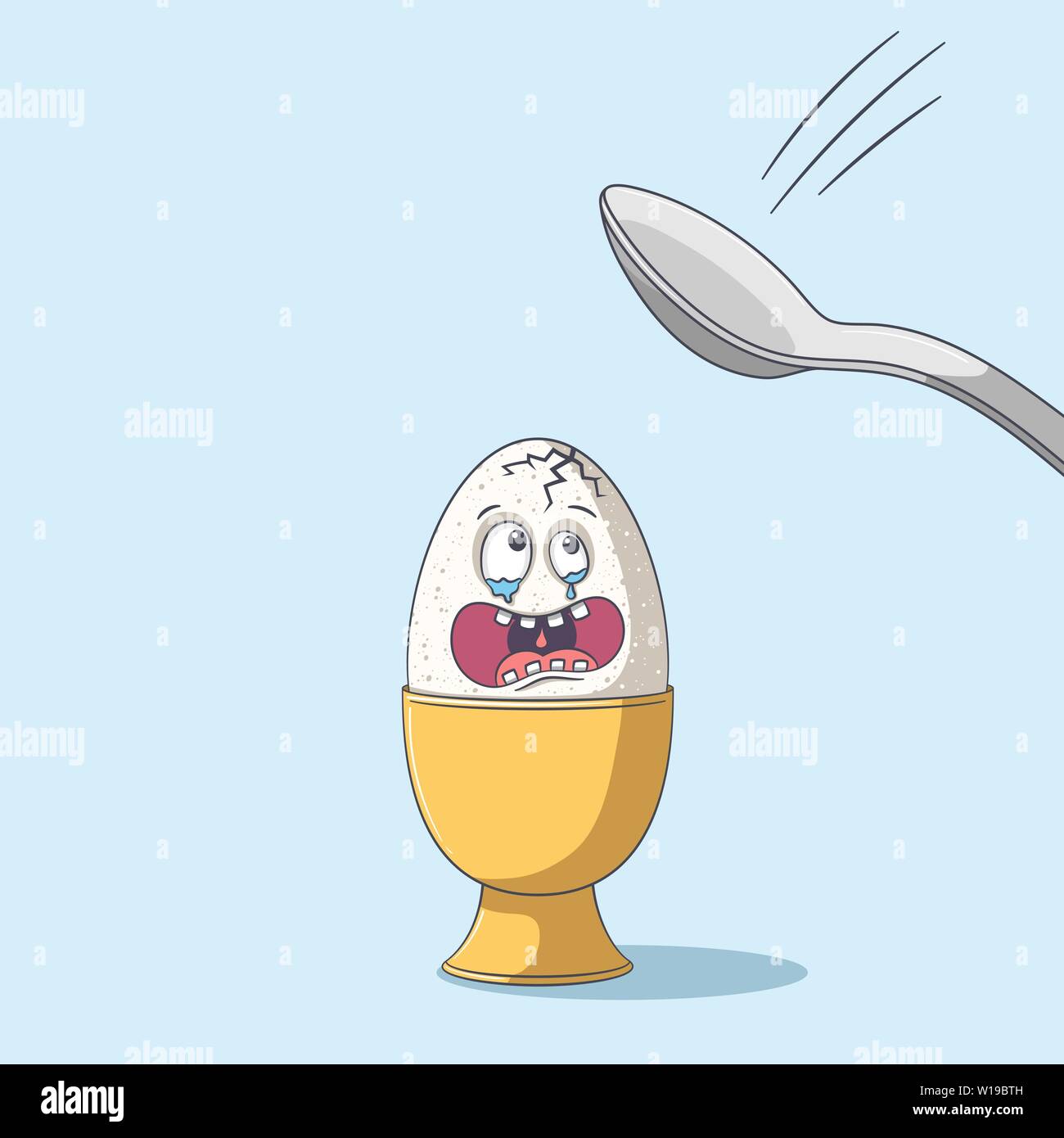 Breakfast egg is afraid of the spoon. Chartoon character illustration ...