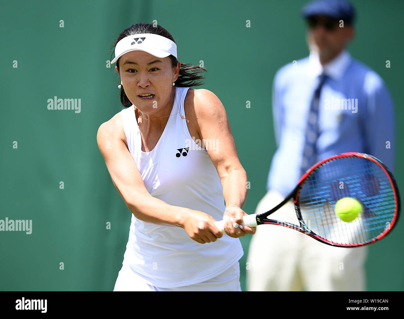 London, UK. 1st July, 2019. Zhu Lin of China returns a shot during the ...