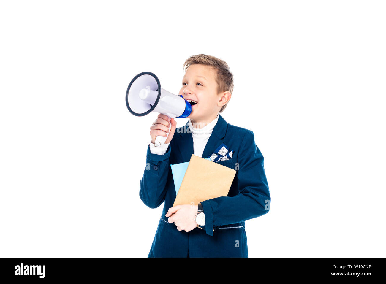 happy schoolboy with books shouting in mouthpiece Isolated On White ...