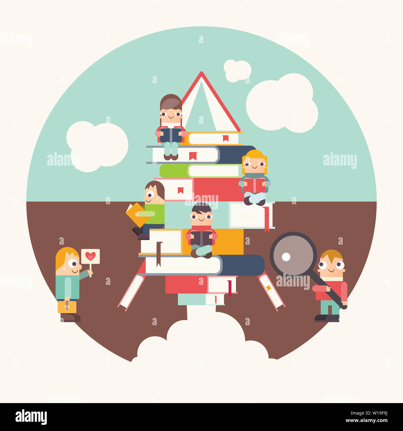 Funny Cartoon Characters Reading Books on Books Stacked in Rocket ...