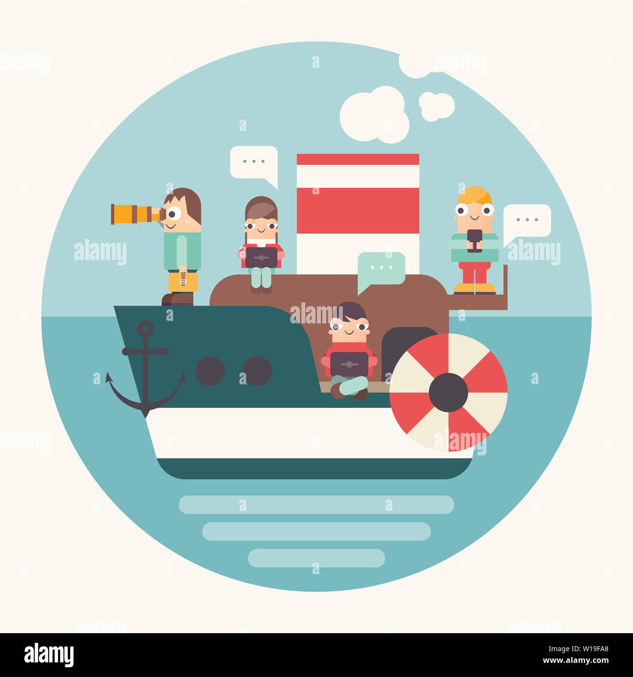 Concept of Teamwork and Business Startup. Cartoon Small People Sailing ...