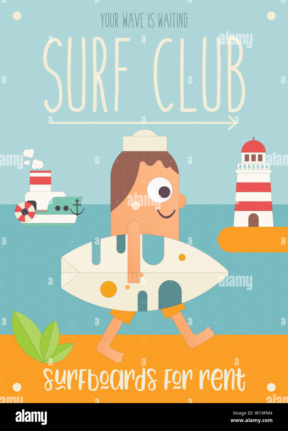 Surfing Poster. Cartoon Surfer with Surfboard Walking along Beach ...