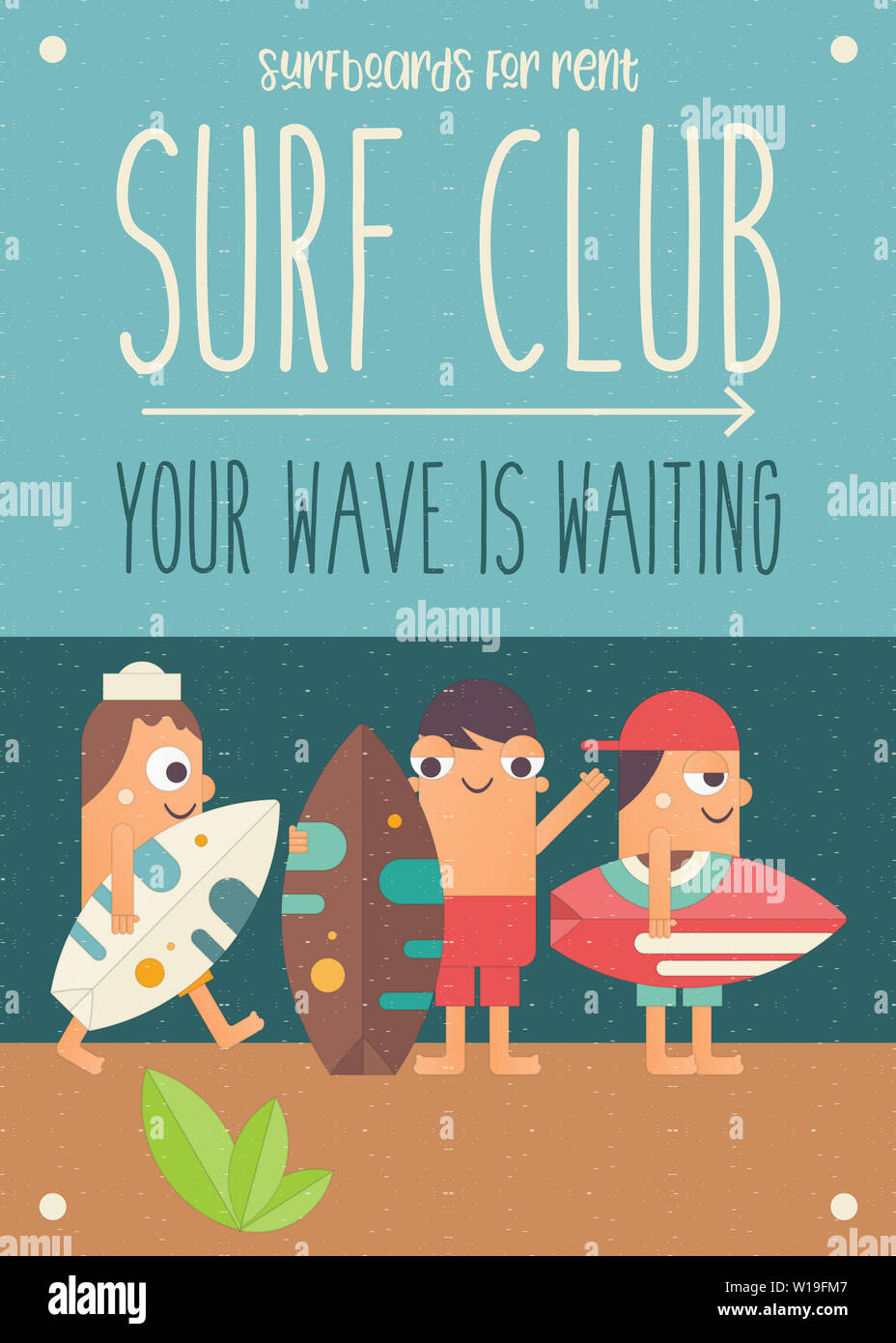 Surfing Poster. Funny Cartoon Surfers with Surfboard on Beach. Vector ...