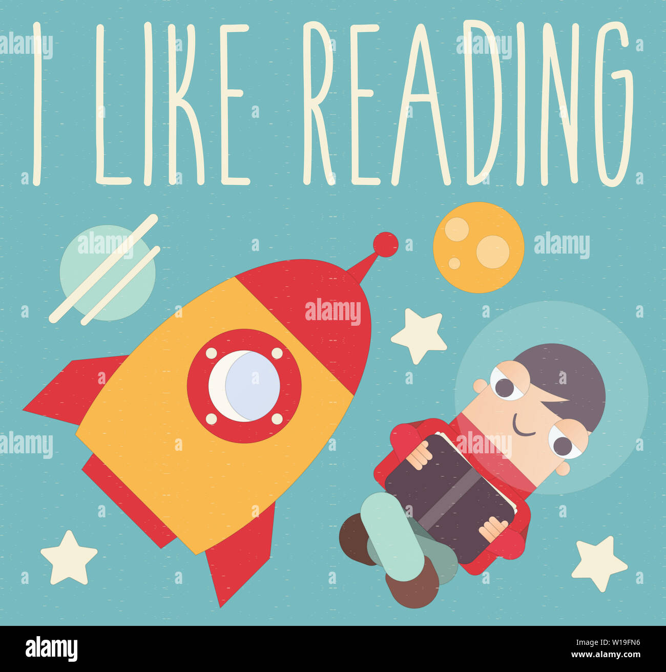 Cartoon Boy Reading and Imagine Himself in Space Outer. Vector ...