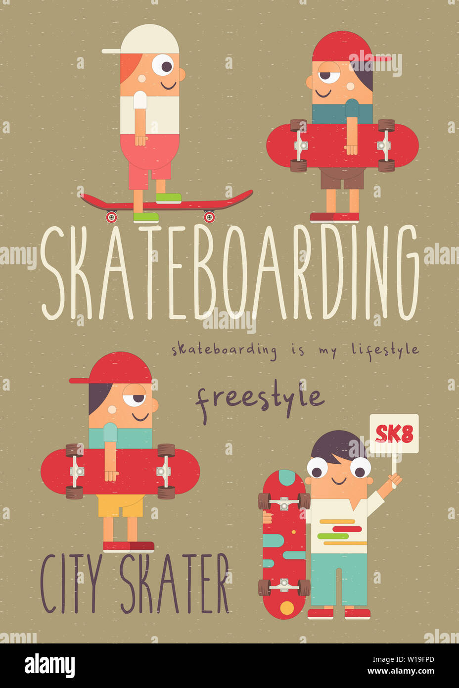 Skateboarding Poster - Group of Cartoon Skaters on Workout. Skating in ...