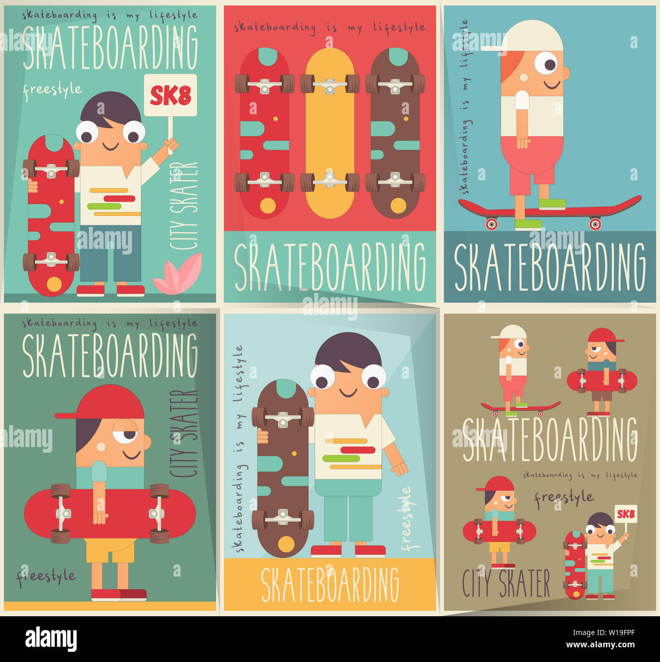 Skateboarding Posters Set - Group of Youth Skaters on Workout. Skating ...