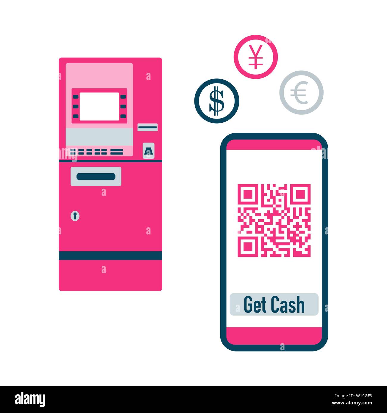 Vector illustration with phone with qr code, ATM cash withdrawal ...