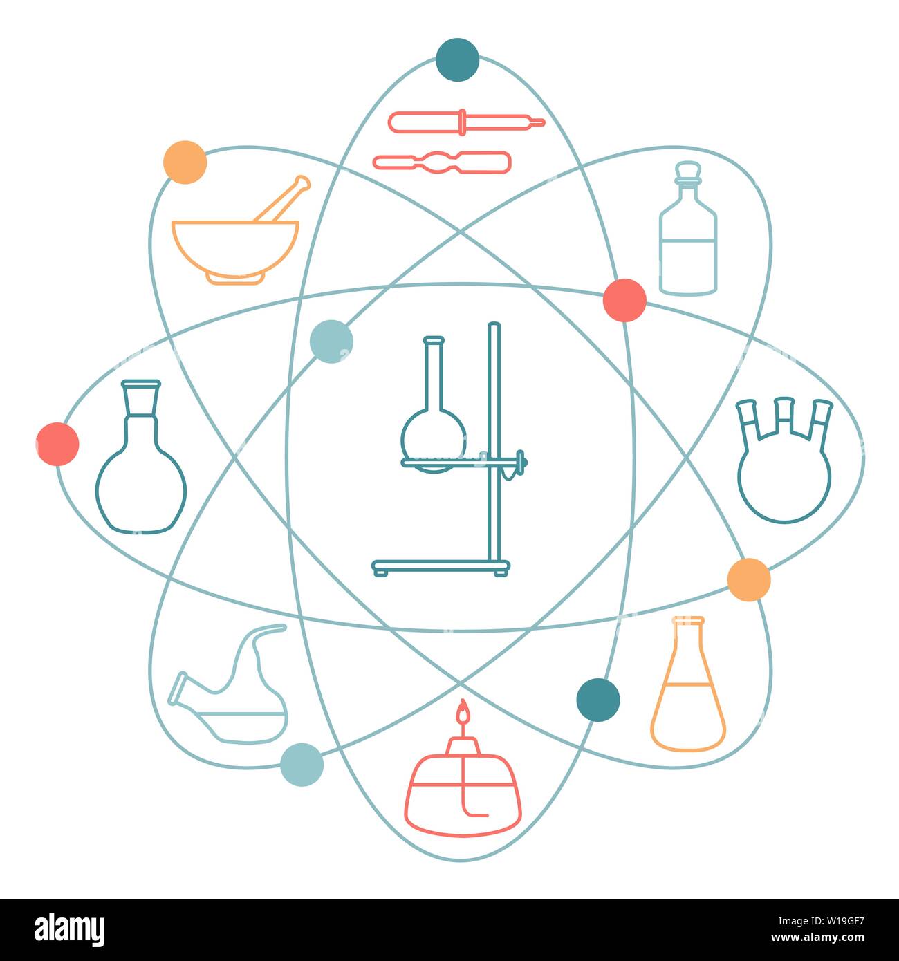 Vector illustration with atomic structure, glassware flasks, burner ...