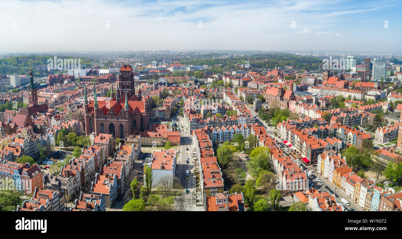 A panorama of the tourist part of Gdańsk. Gdansk port city seen from a ...