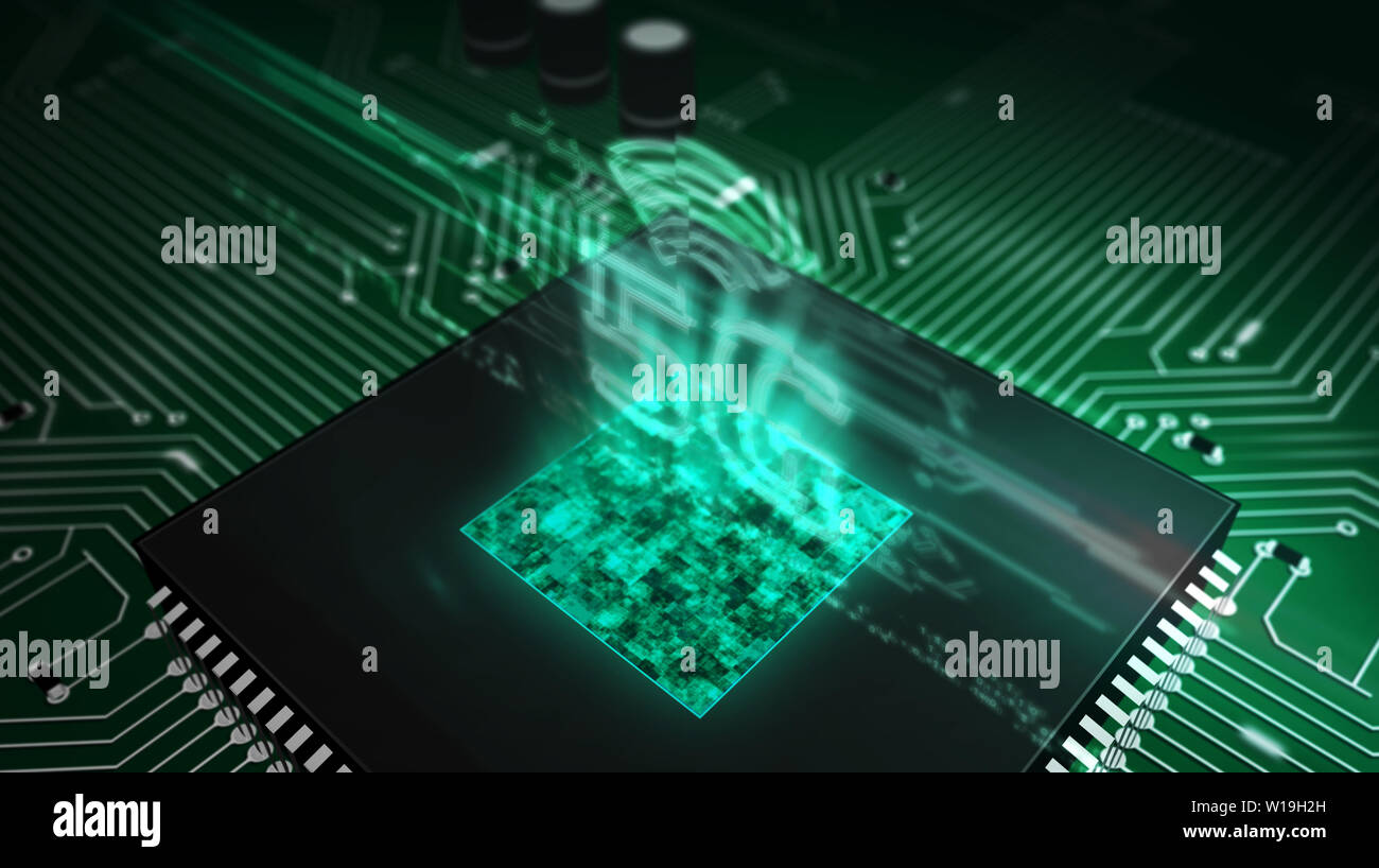 5G hologram over working cpu on circuit board in background. 5G, new ...