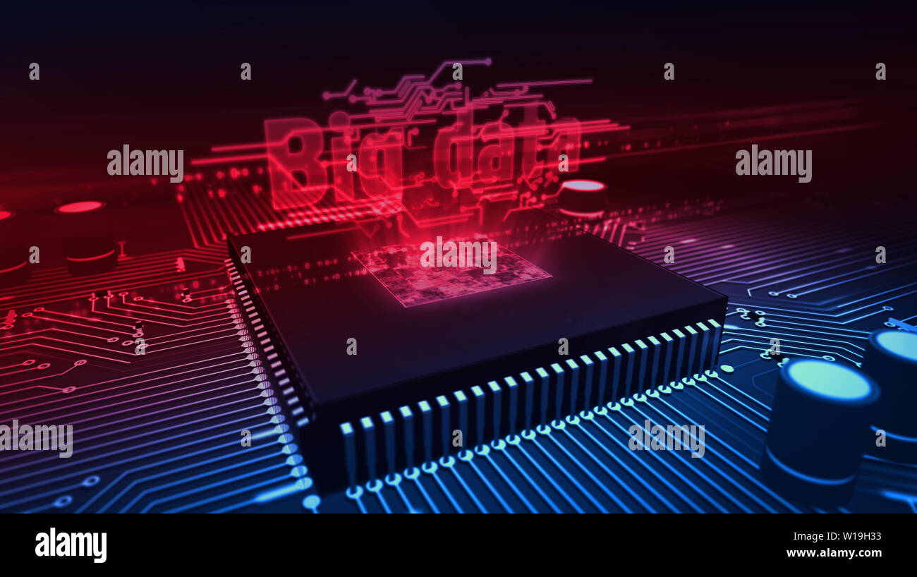 Big data analyzing and digital computing symbol hologram over working cpu in background ...