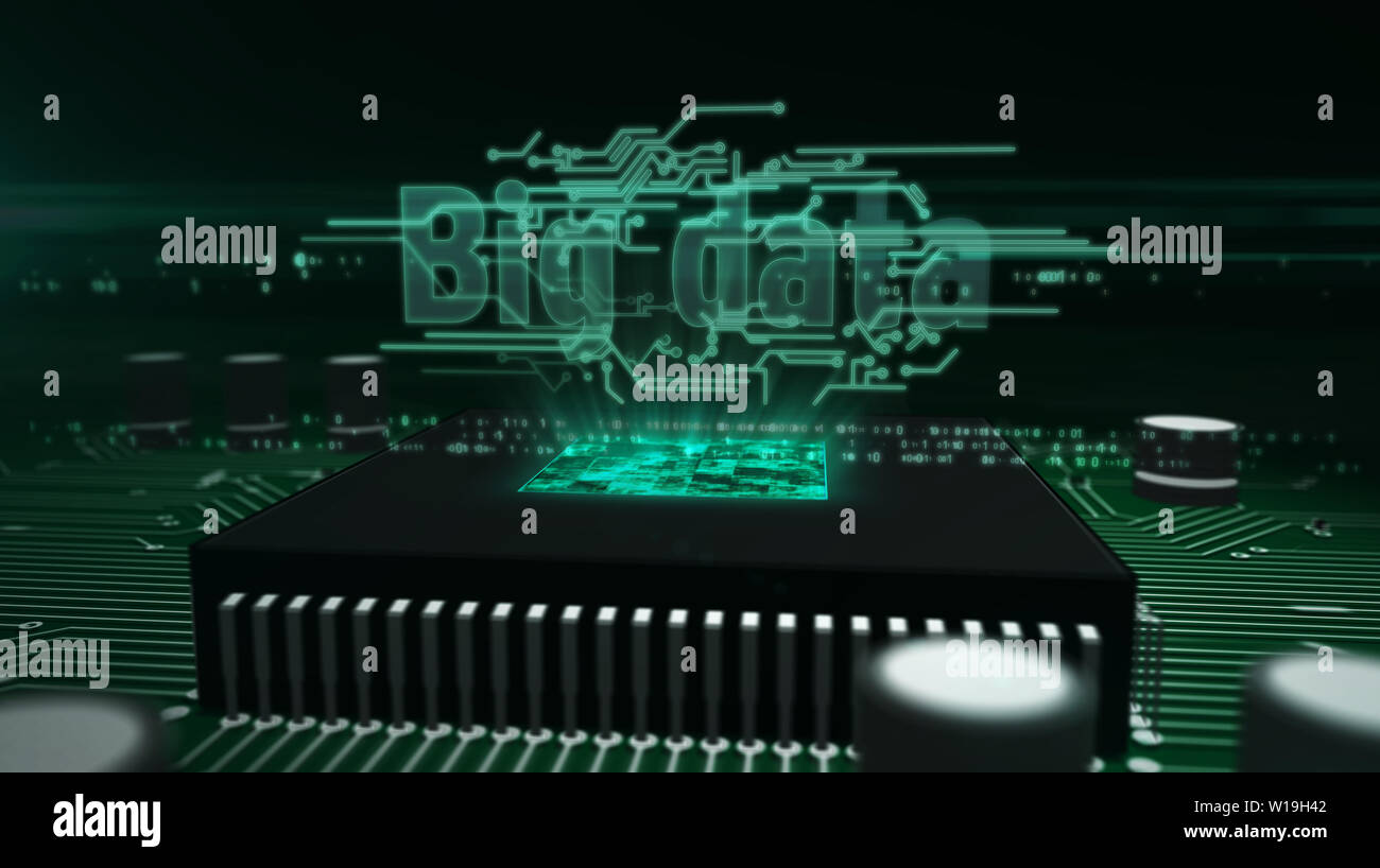 Big data analyzing and digital computing symbol hologram over working cpu in background ...