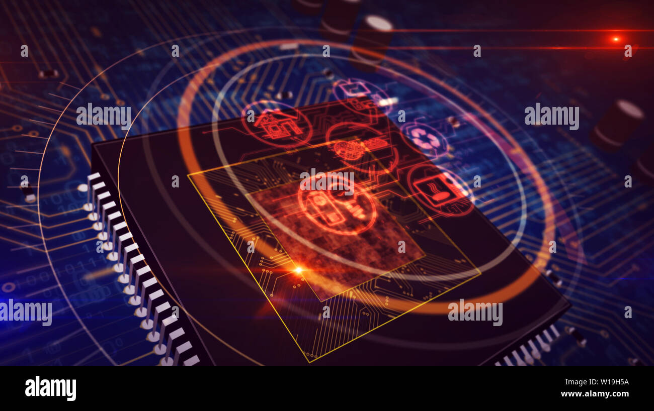 IOT - internet of things symbols hologram over working cpu in background. Circuit board 3d ...