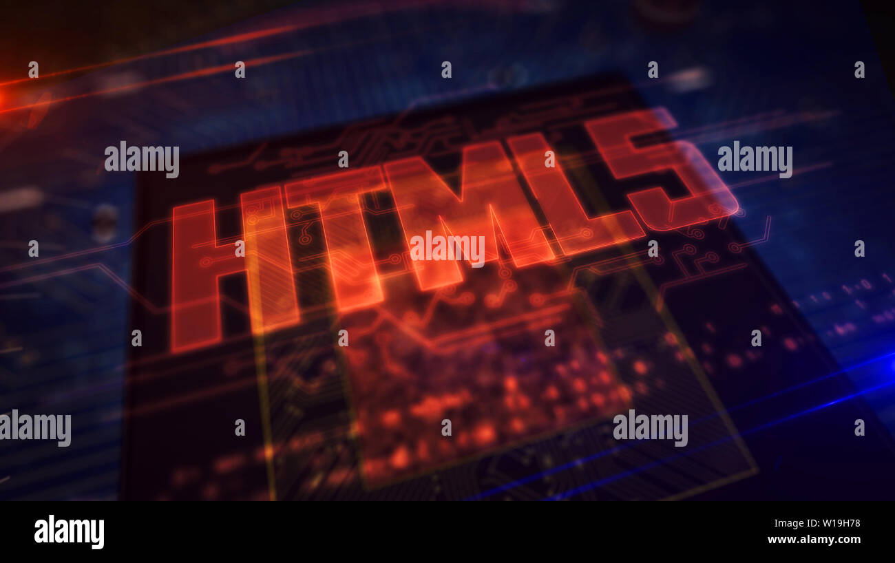 HTML5 glowing hologram over working cpu in background. Modern and ...