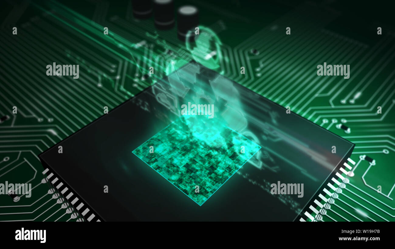 Data management glowing hologram over working cpu in background. Modern and futuristic concept ...