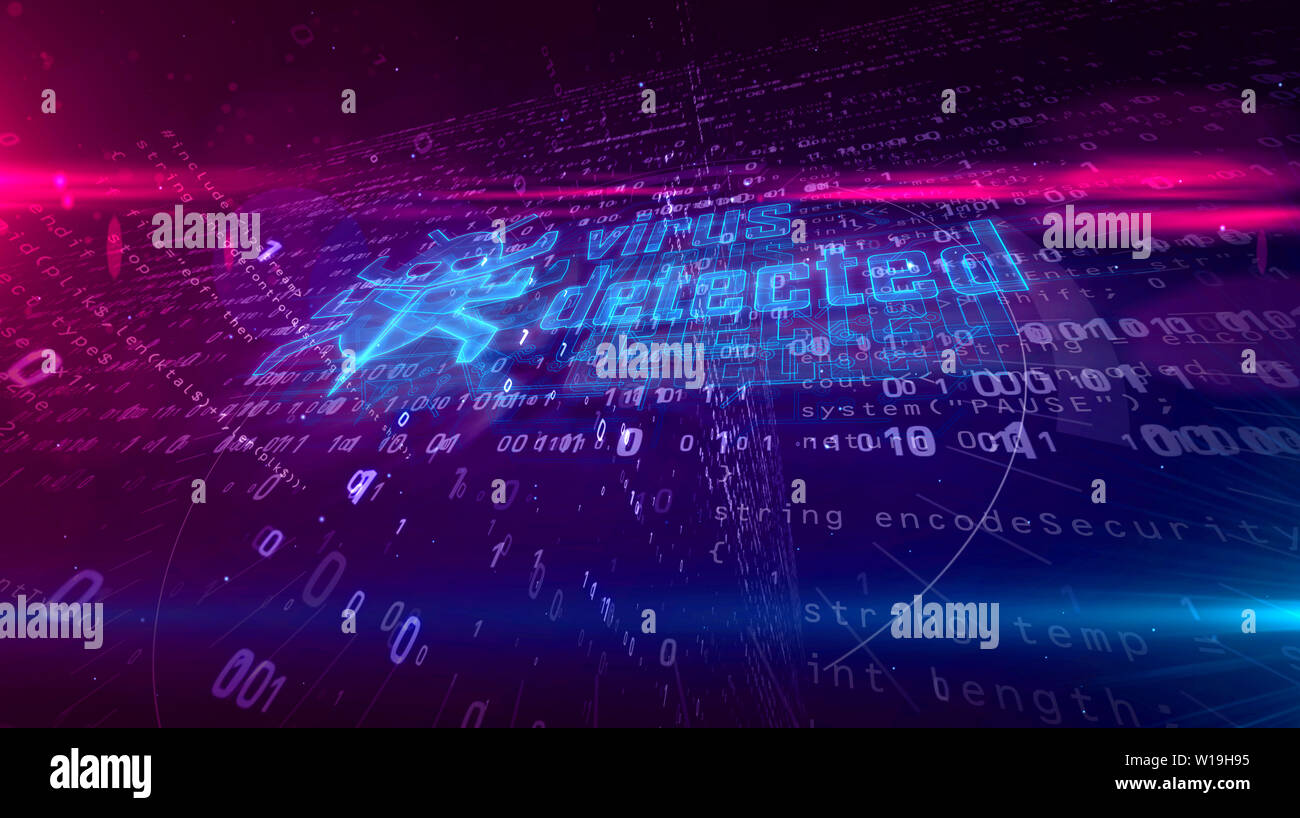 Virus detected hologram on digital background. Danger alert, antivirus ...