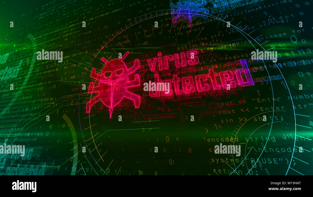 Virus detected hologram on digital background. Danger alert, antivirus ...