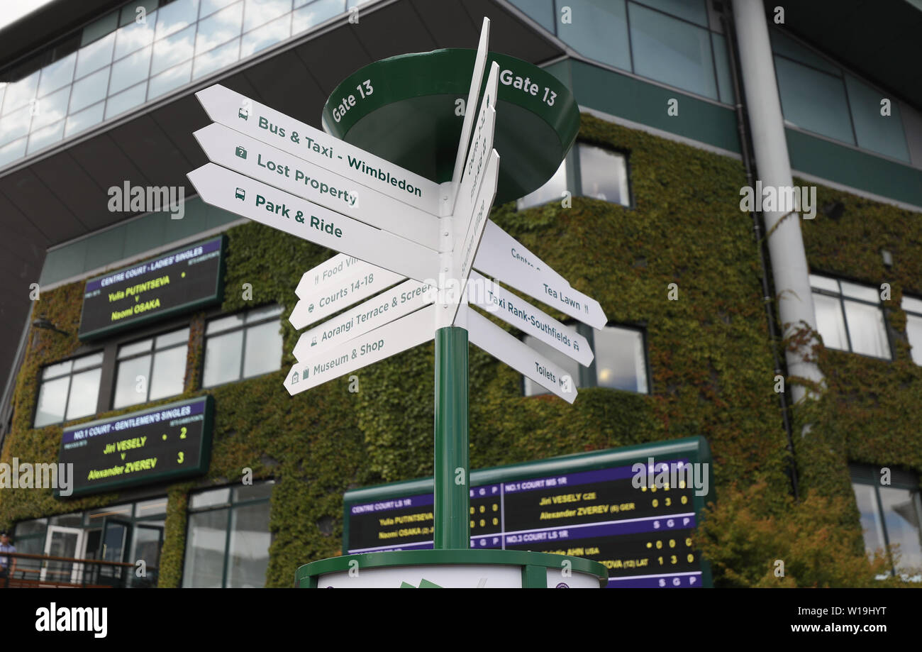 A sign post for directions on day one of the Wimbledon Championships at ...