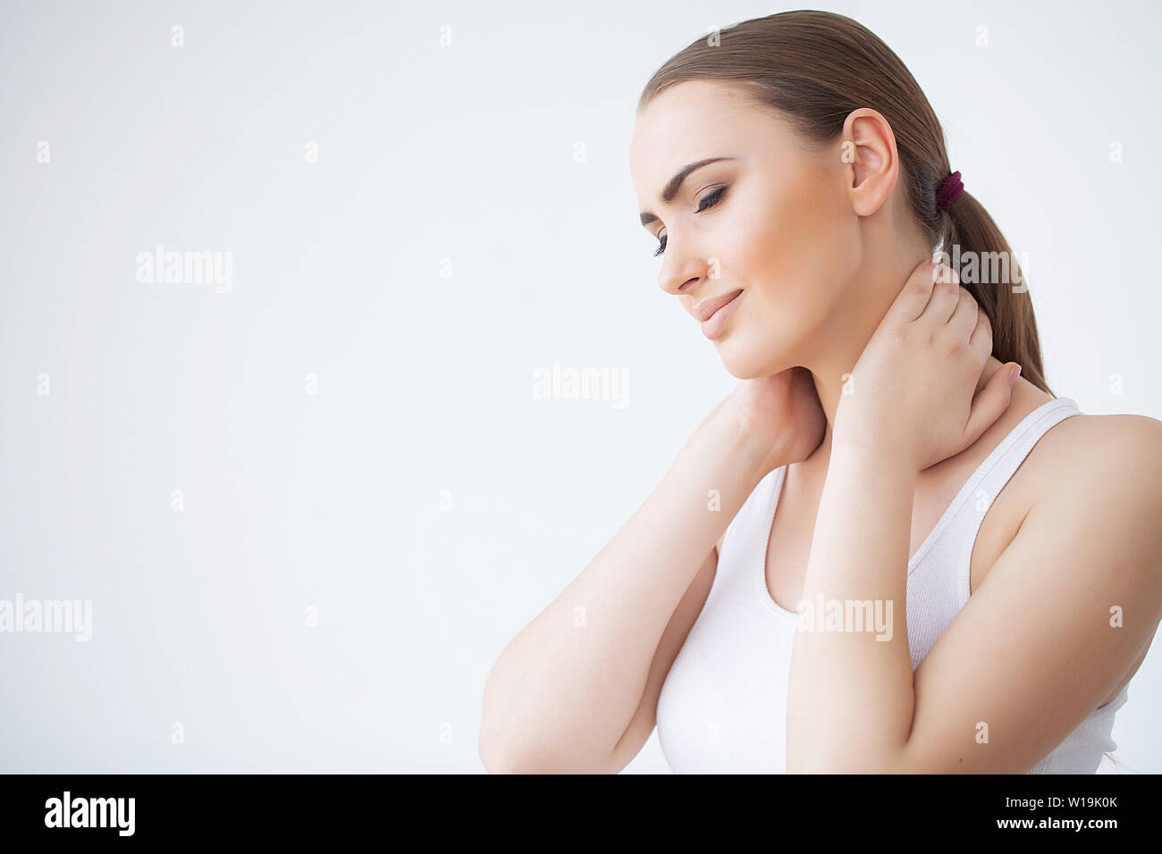 Pain. Beautiful Young Woman Feeling Sick and Has a Pain in the Neck ...