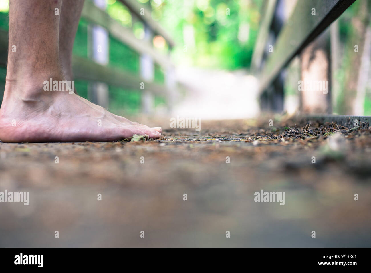 Barefoot feet on a rusty old wooden bridge in the forest, adventure ...