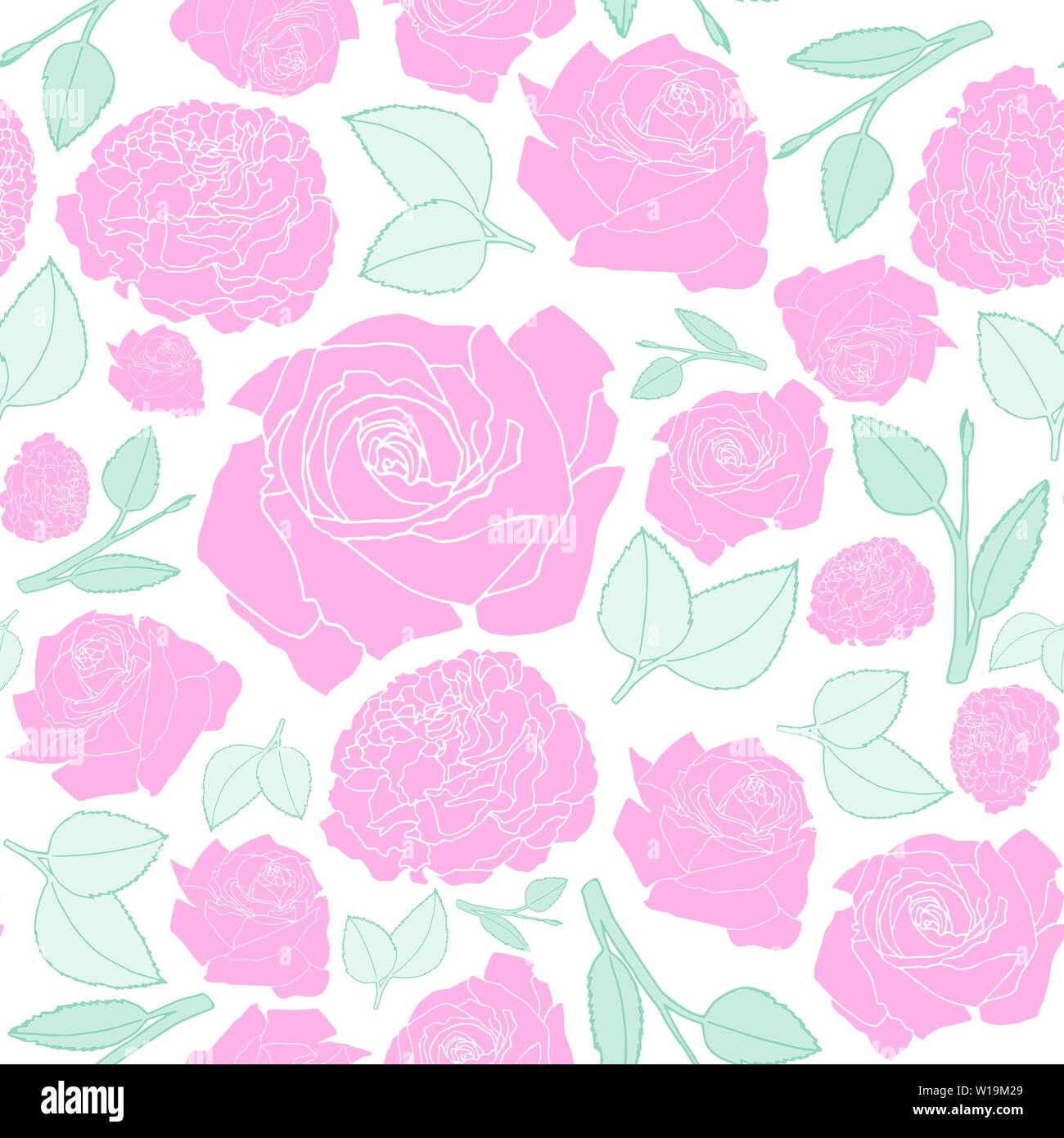 Seamless pattern with pink roses and green stems and leaves. Vector ...